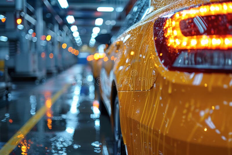 A Yellow Car is Being Washed in an Automatic Car Wash, with Water ...