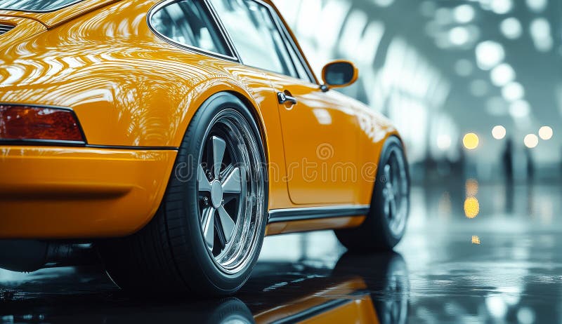 A Yellow Car with Chrome Rims is Parked in a Tunnel Stock Photo - Image ...