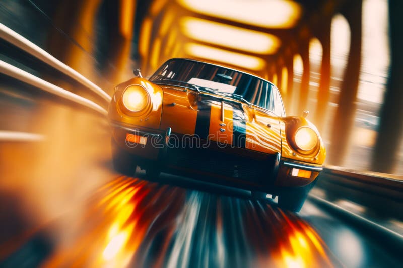 Yellow Car Driving Down Road with Lot of Lights on it. Generative AI ...