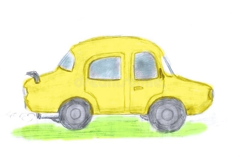 Yellow Car, Kid`s Drawing by Pencil Stock Illustration - Illustration ...