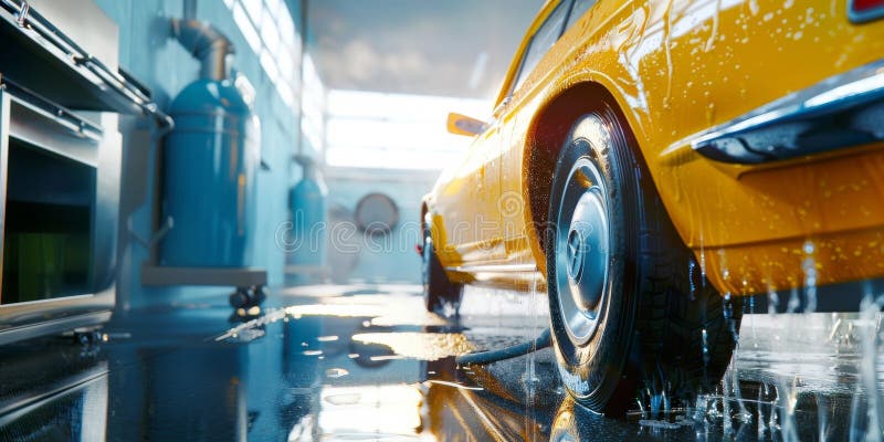 Yellow car at car wash stock illustration. Illustration of wheel ...