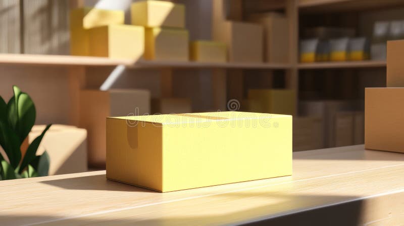 Yellow Cardboard Box on Wooden Table in Warehouse Stock Illustration ...