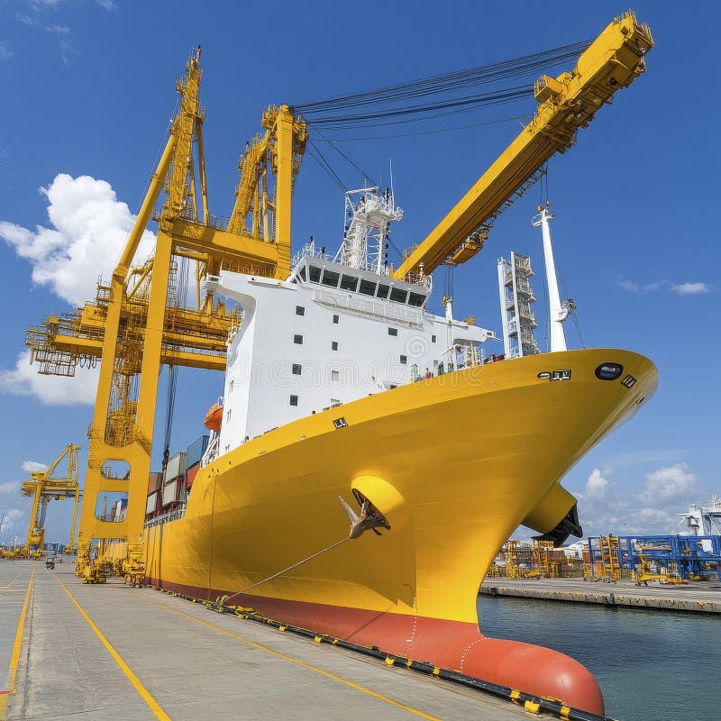 Yellow Cargo Ship at a Busy Port Under Blue Sky Stock Illustration ...