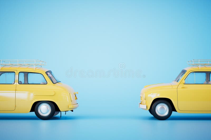 Yellow Cars on a Blue Background. 3D Render Stock Illustration ...