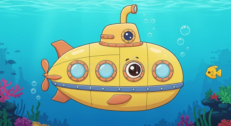 Yellow Cartoon Submarine with a Smiling Face, Floating Underwater ...