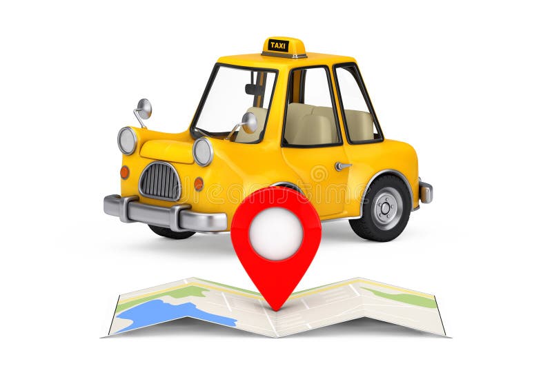 Yellow Cartoon Taxi Car Near Folded Abstract Navigation Map with Target ...