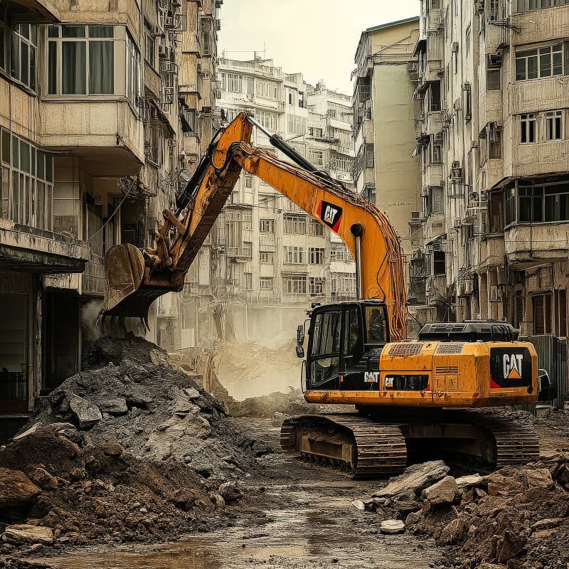 Yellow Caterpillar Excavator is Digging in a City Stock Image - Image ...