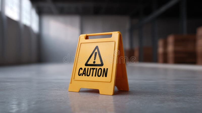 A Yellow Caution Sign Placed on a Concrete Floor within a Spacious ...