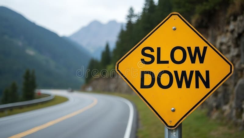Yellow Caution Sign SLOW DOWN on Mountain Road Bend Stock Illustration ...