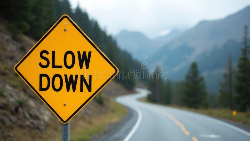 Yellow Caution Sign SLOW DOWN on Mountain Road Bend Stock Illustration ...