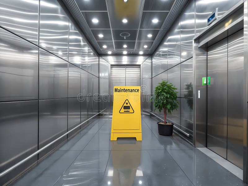 Yellow Caution Sign Announcing Maintenance in Modern Building Hallway ...
