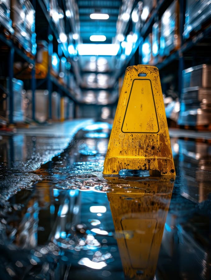 Yellow Caution Sign in a Warehouse with Wet Floor Reflection. Stock ...