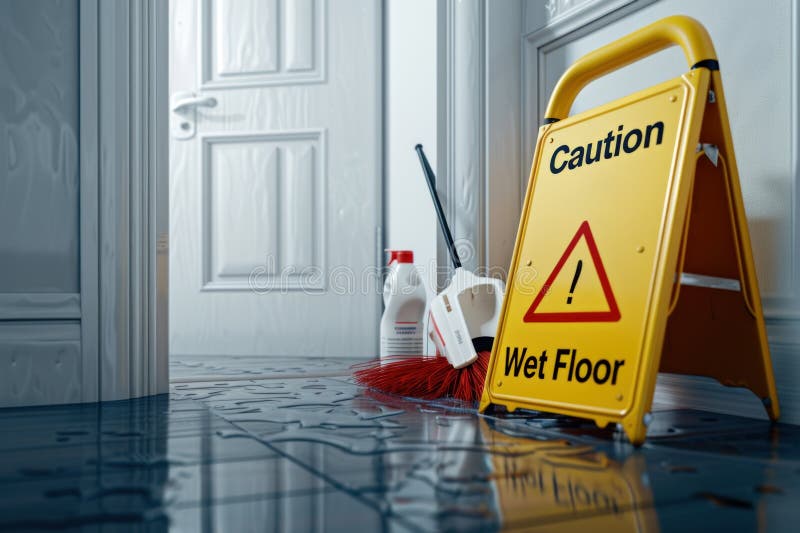 A Yellow Caution Wet Floor Sign is on the Floor. Stock Photo - Image of ...