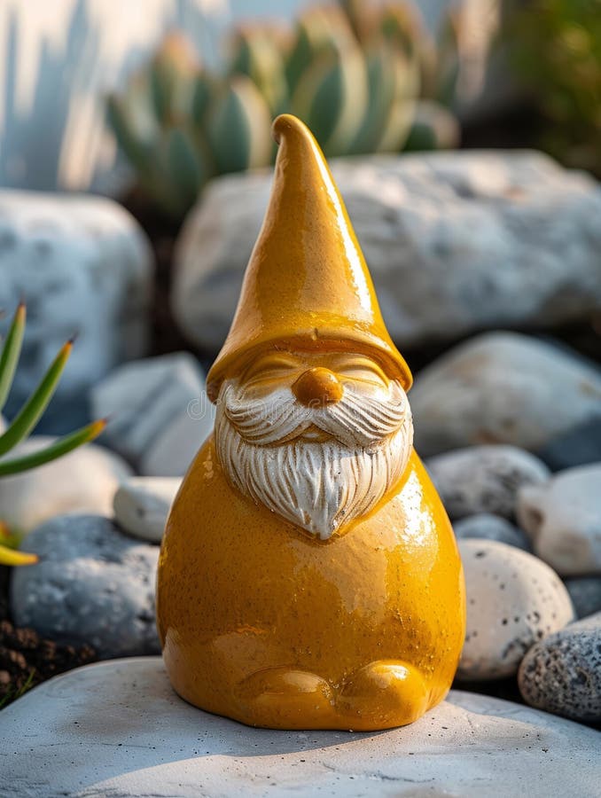 A Yellow Ceramic Gnome with a Hat and Beard among Rocks and Plants ...