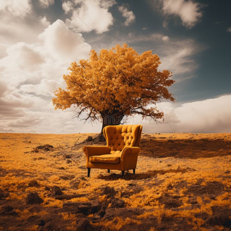 A Yellow Chair Sits in Front of a Tree in the Middle of a Field Stock ...