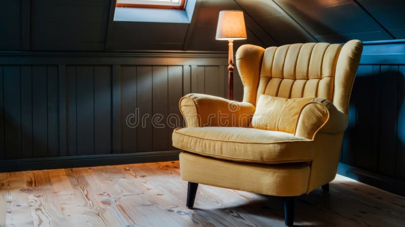 A Yellow Chair Sitting in a Corner of an Attic Room, AI Stock Image ...