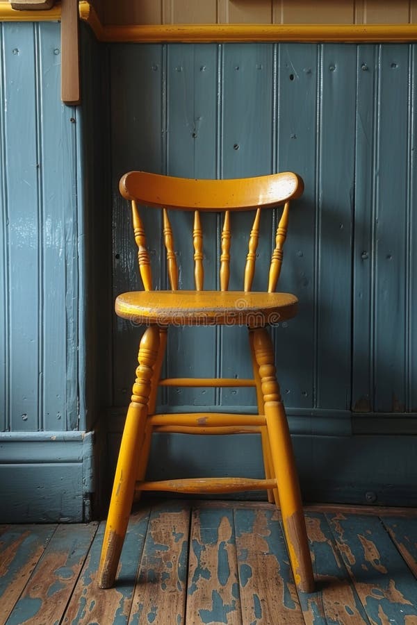 A Yellow Chair Sitting in Front of a Blue Walled Room, AI Stock ...