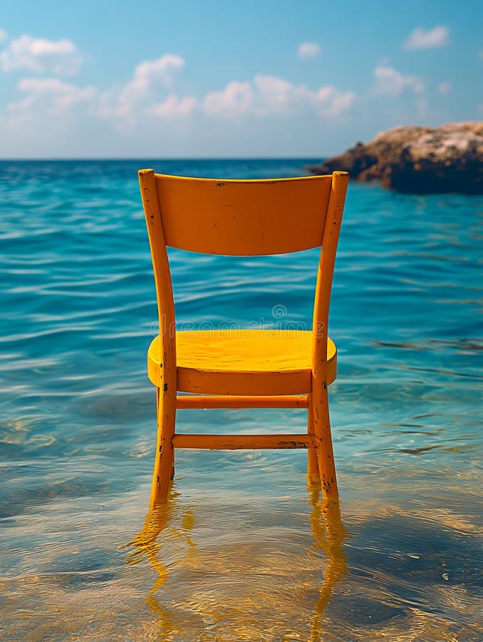 A Yellow Chair Sitting in the Middle of the Ocean Stock Image - Image ...