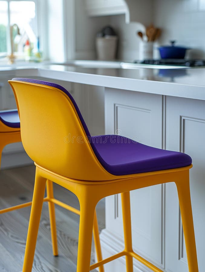 Yellow Chairs with Purple Seats in a Modern Kitchen. Stock Photo ...