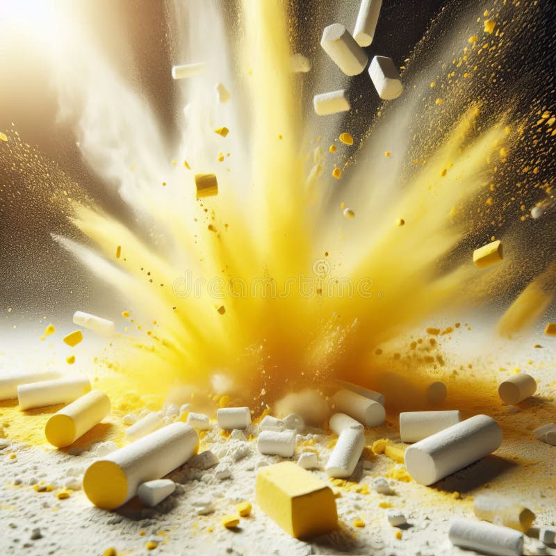 Yellow Chalk Pieces and Dust Flying, Exploding in a Bright, Sun Stock ...