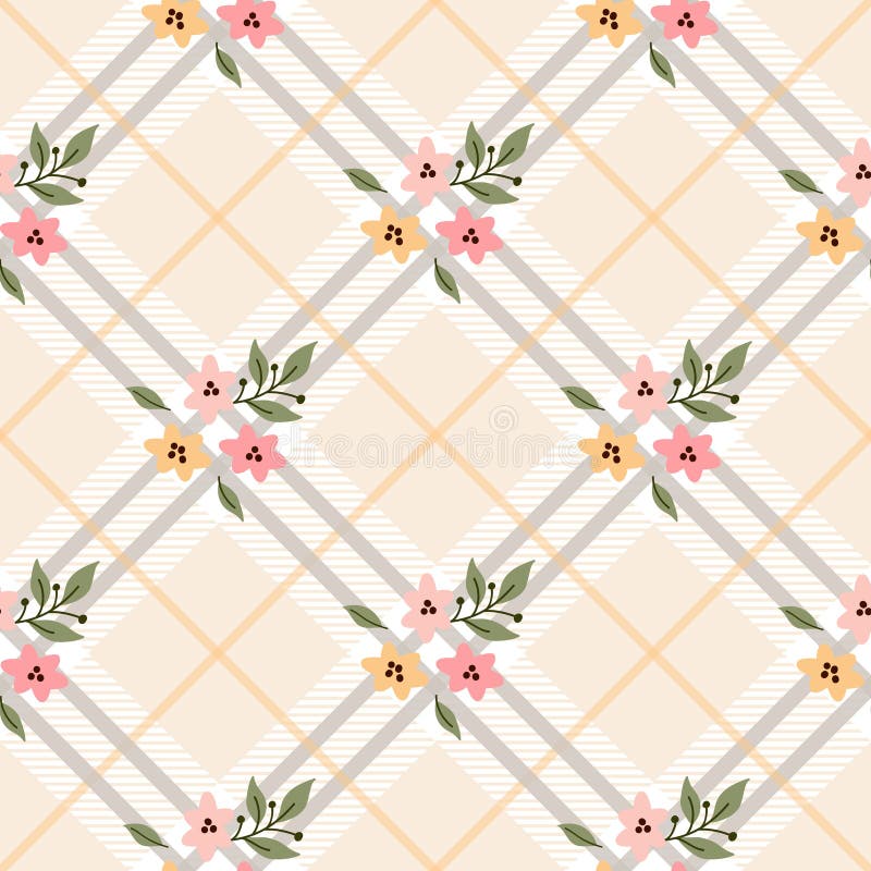 A Yellow Checkered Seamless Pattern with Flower and Leaves Stock Vector ...