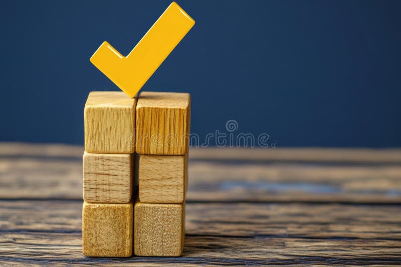 Yellow Checkmark on Wooden Blocks, Tower of Success. Perfect ...
