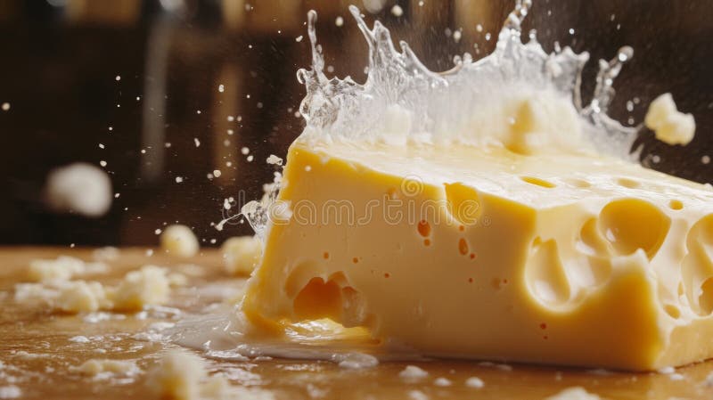 Yellow Cheese Block Splashing Water on Wooden Surface Stock ...