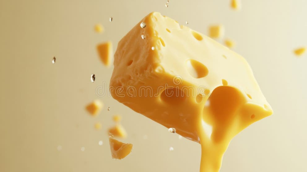 Yellow Cheese Cube Falling with Melted Drips Stock Illustration ...