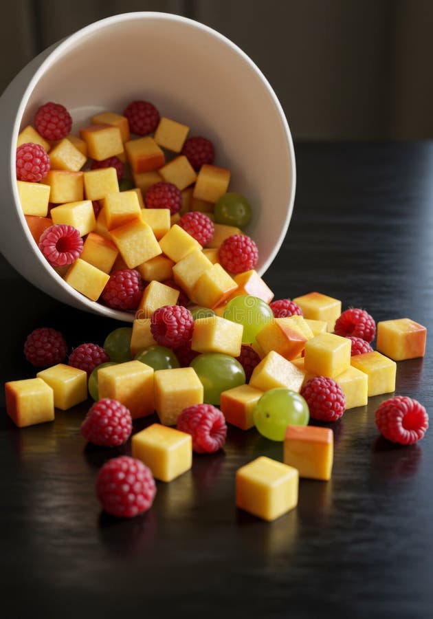 Yellow Cheese Cubes and Red Raspberries Spilling from White Bowl Stock ...