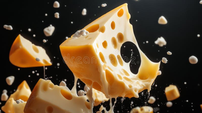 Yellow Cheese Pieces Falling on Black Background Stock Illustration ...