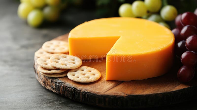 Yellow Cheese Wheel with Crackers and Grapes on Wooden Board Stock ...