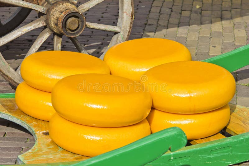 4 Big Yellow Cheeses Wheels in Hands. Seller in Mask for Protection ...