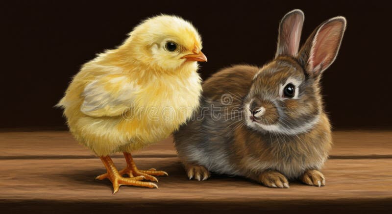 Yellow Chick and Brown Rabbit on Wooden Surface Stock Illustration ...