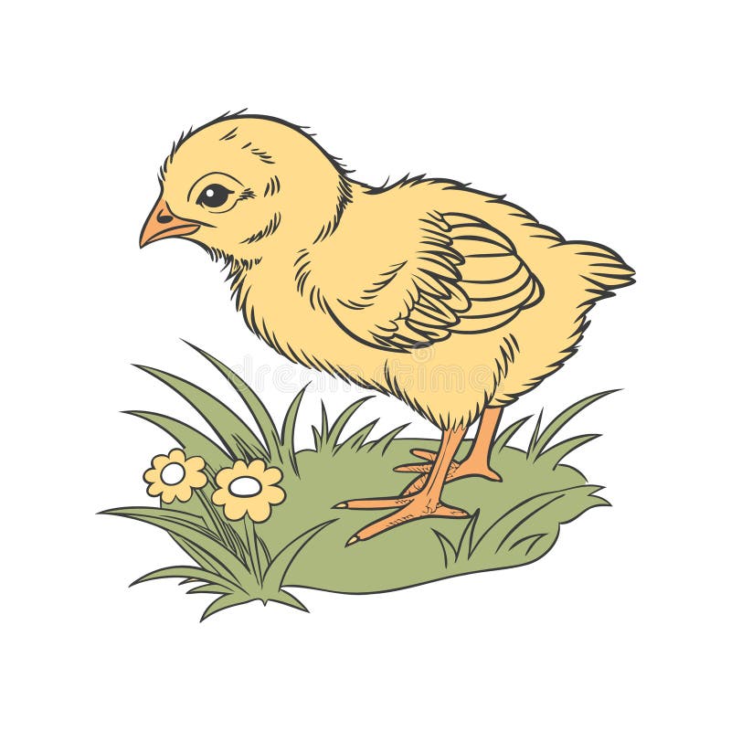 Yellow Chick in the Grass with Flowers. Cute Poultry Illustration Stock ...