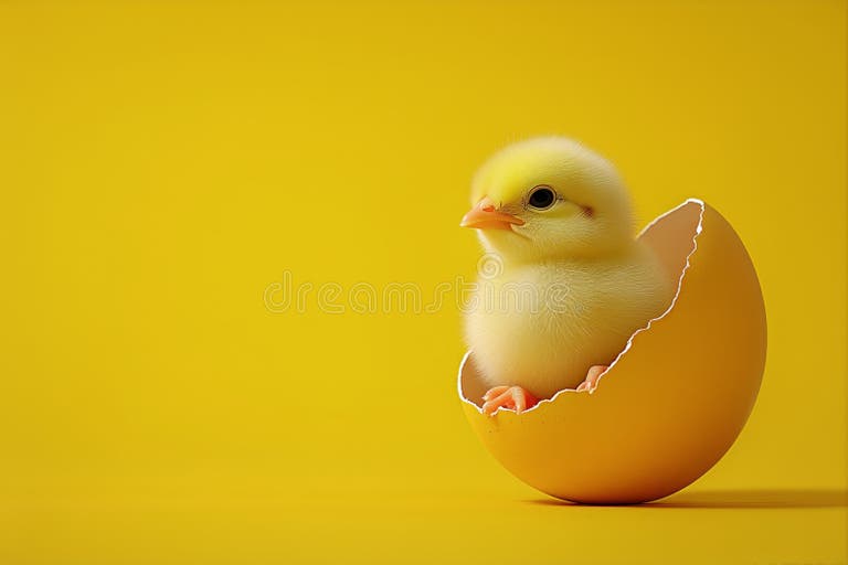 Yellow Chick Hatches from Egg on Bright Yellow Background during Spring ...