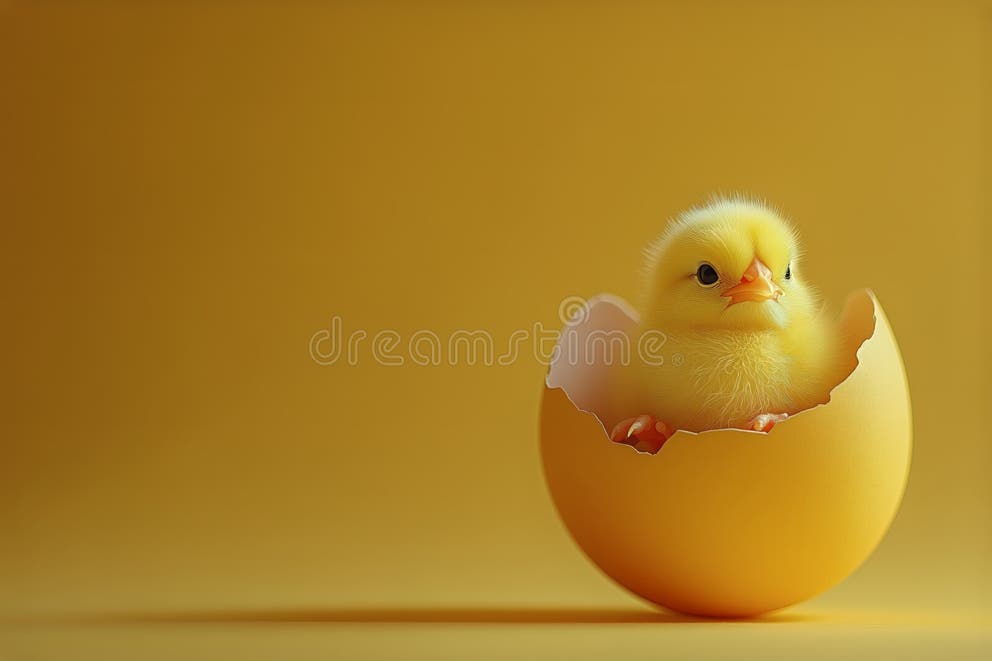 Yellow Chick Hatches from Egg on Bright Yellow Background during Spring ...