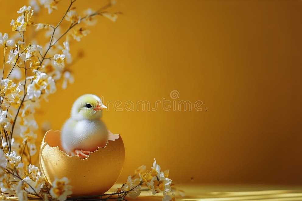 Yellow Chick Hatches from Egg on Bright Yellow Background during Spring ...