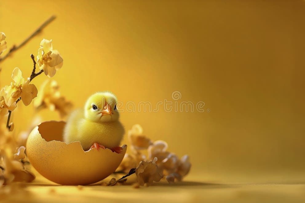 Yellow Chick Hatches from Egg on Bright Yellow Background during Spring ...