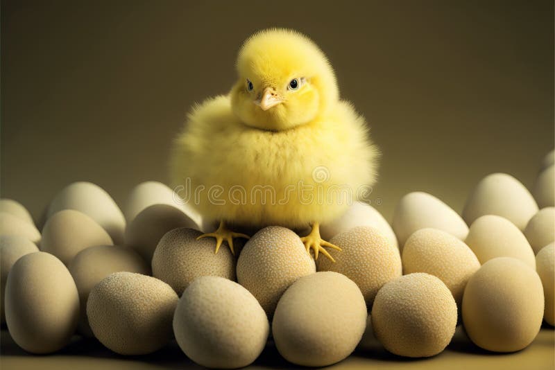 A Yellow Chick Sitting on Top of a Pile of Eggs Next To a Pile of Eggs ...