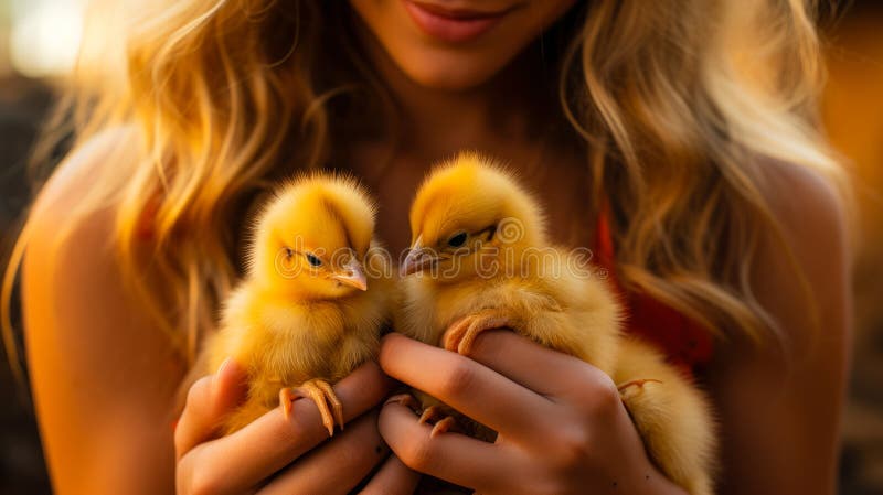Yellow Chicks in Female Hands Small Birds Generative Ai Stock ...