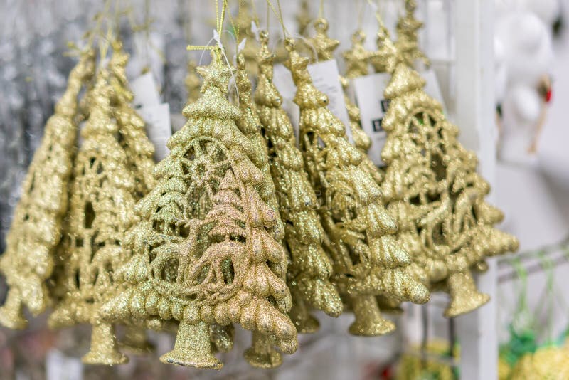 Yellow Christmas Tree Decorations. Christmas Toy Store Stock Image ...