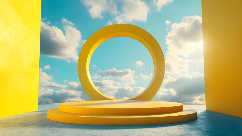Yellow Circle Minimalist 3D Render with Cloudy Sky Background Stock ...