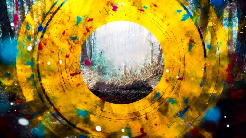 Yellow Circular Object with Reflection of Forest in the Center of it ...