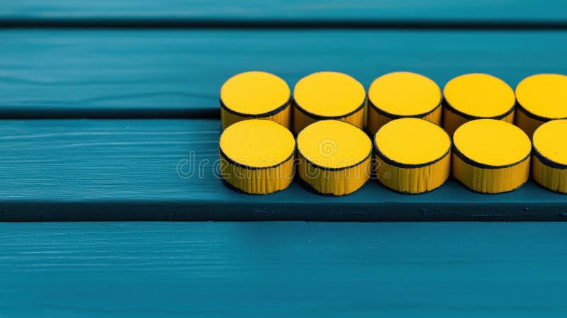 Yellow Circular Objects Arranged in a Straight Line on a Vibrant Teal ...