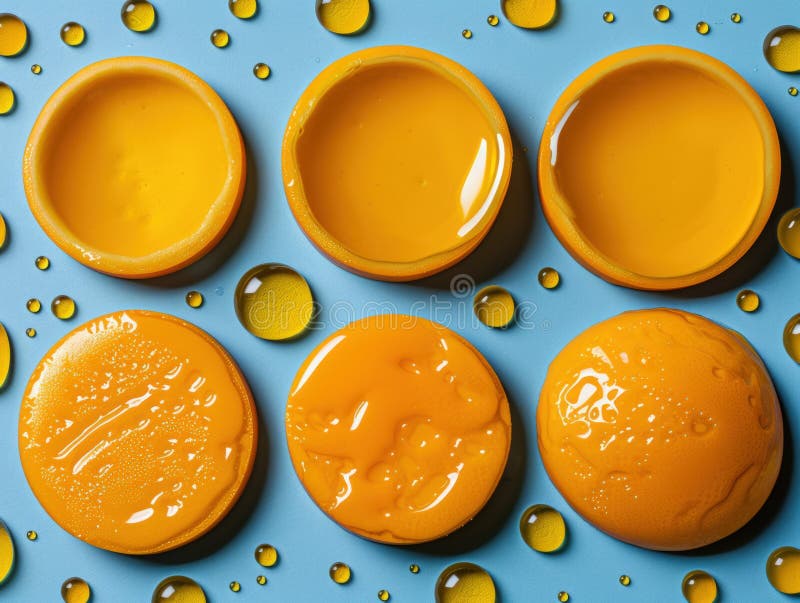 Yellow Circular Objects on a Blue Surface with Water Droplets Stock ...