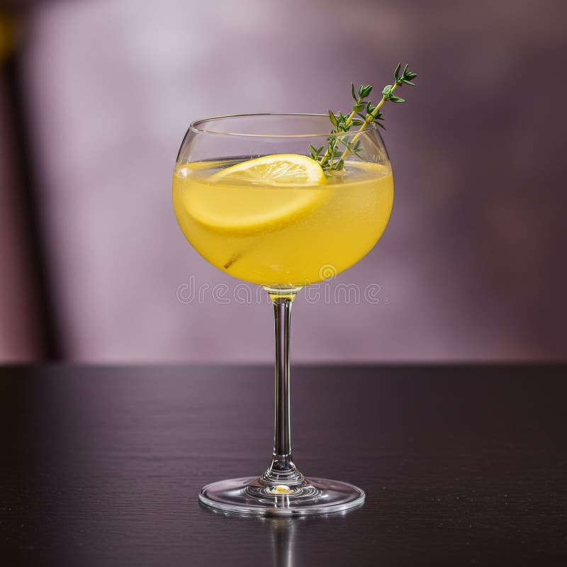 Yellow Citrus Cocktail with Thyme Garnish in Coupe Glass Stock ...