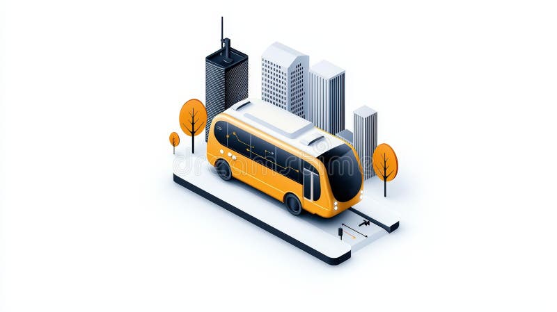 Yellow City Bus with Buildings and Trees Stock Illustration ...