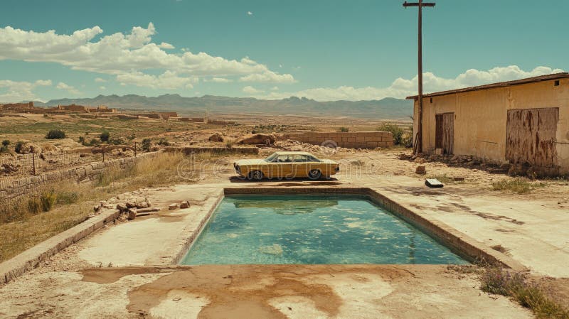 Yellow Classic Car by a Deserted Pool in an Arid Landscape Stock ...