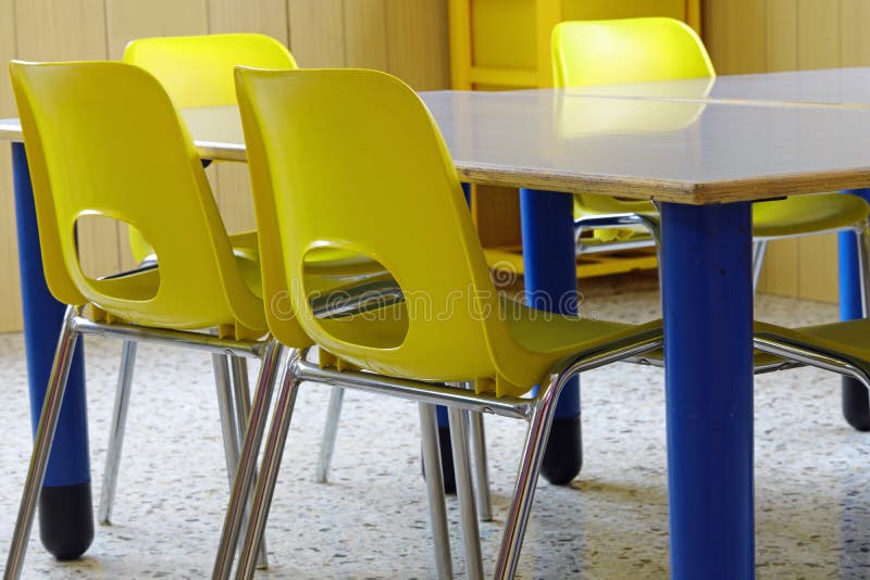 Yellow Classroom Chairs Inside the School without Children Durin Stock ...