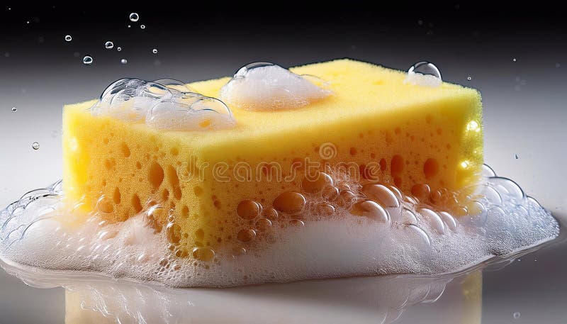 Yellow Cleaning Sponge Soaking in Soap Suds with Bubbles Stock Image ...